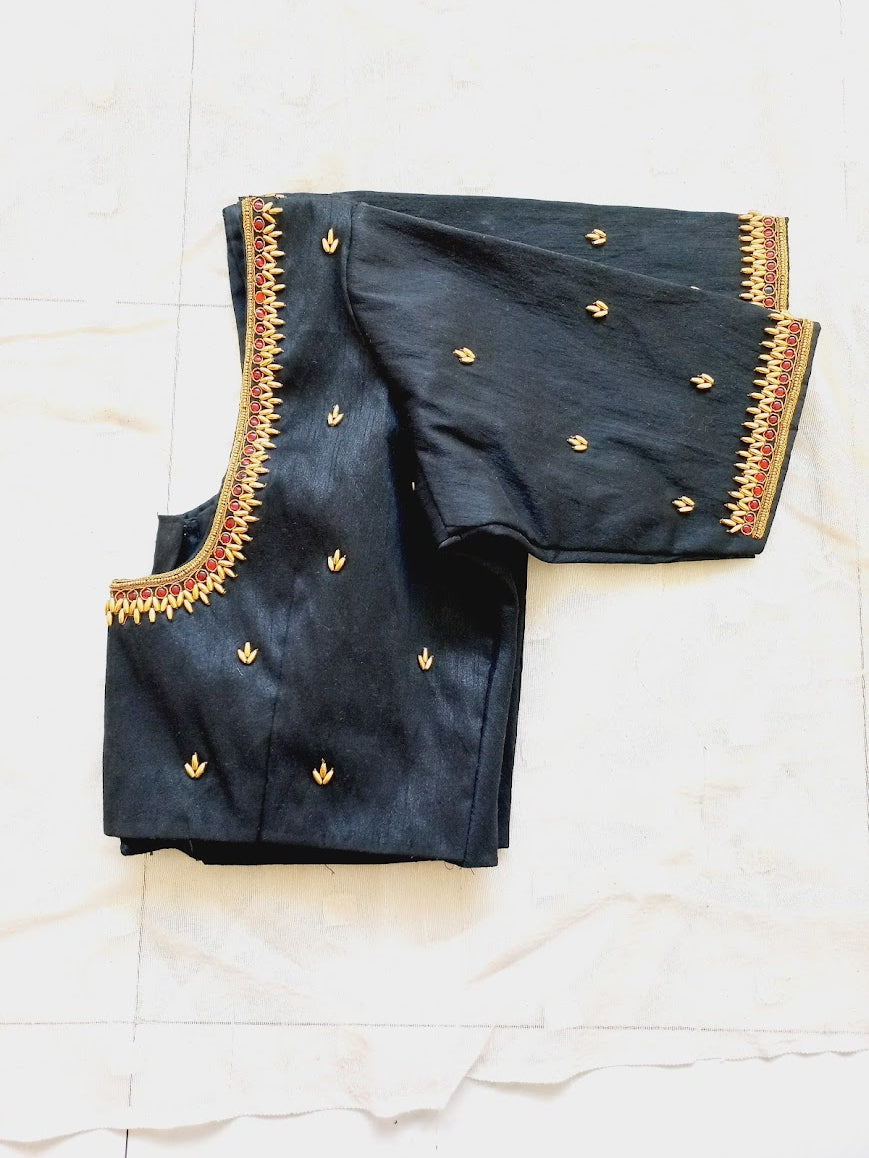 Black Hand Embroidered Semi Raw Silk Blouse Clearance Sale Alankrutha